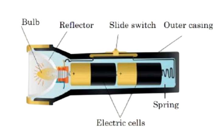 Draw a neat and labeled circuit diagram of a torch.
